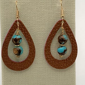 Faux Leather Brown Teardrop With Turquoise and Brown Bead - Etsy