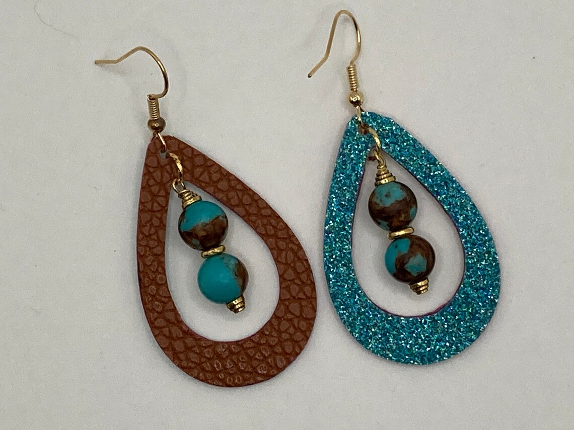 Faux Leather Brown Teardrop With Turquoise and Brown Bead - Etsy