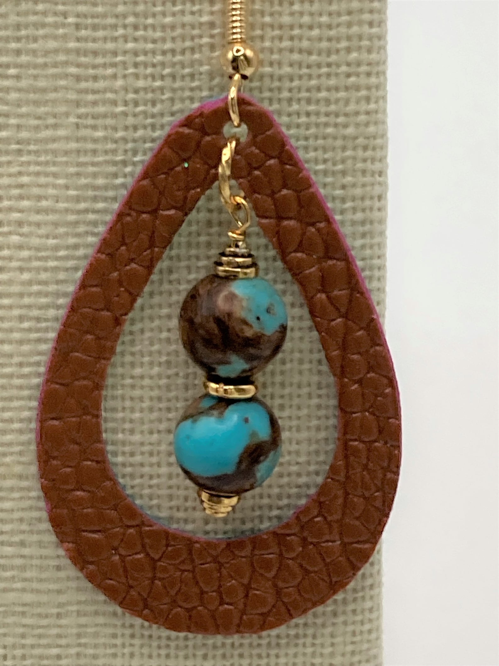 Faux Leather Brown Teardrop With Turquoise and Brown Bead - Etsy