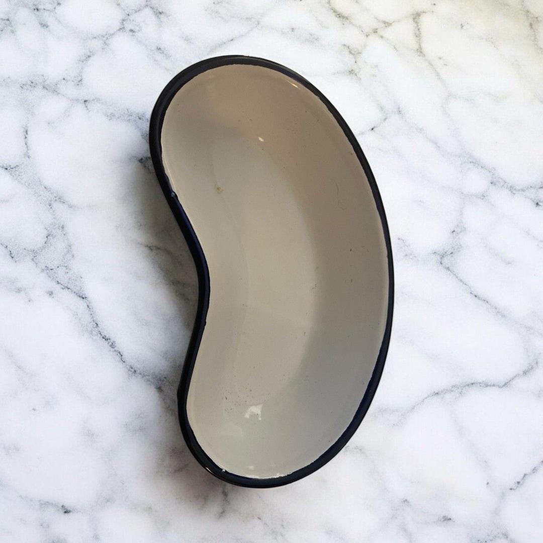 Vintage White Enamel Metal Kidney Shaped Medical Tray Dark Blue Trim ...