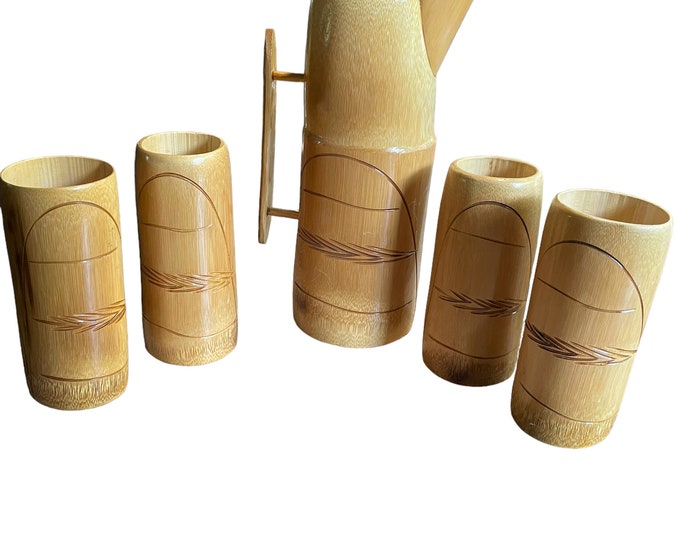 Hand Carved Bamboo Pitcher and 4 Tumblers Tiki Bar Set Vintage - Etsy