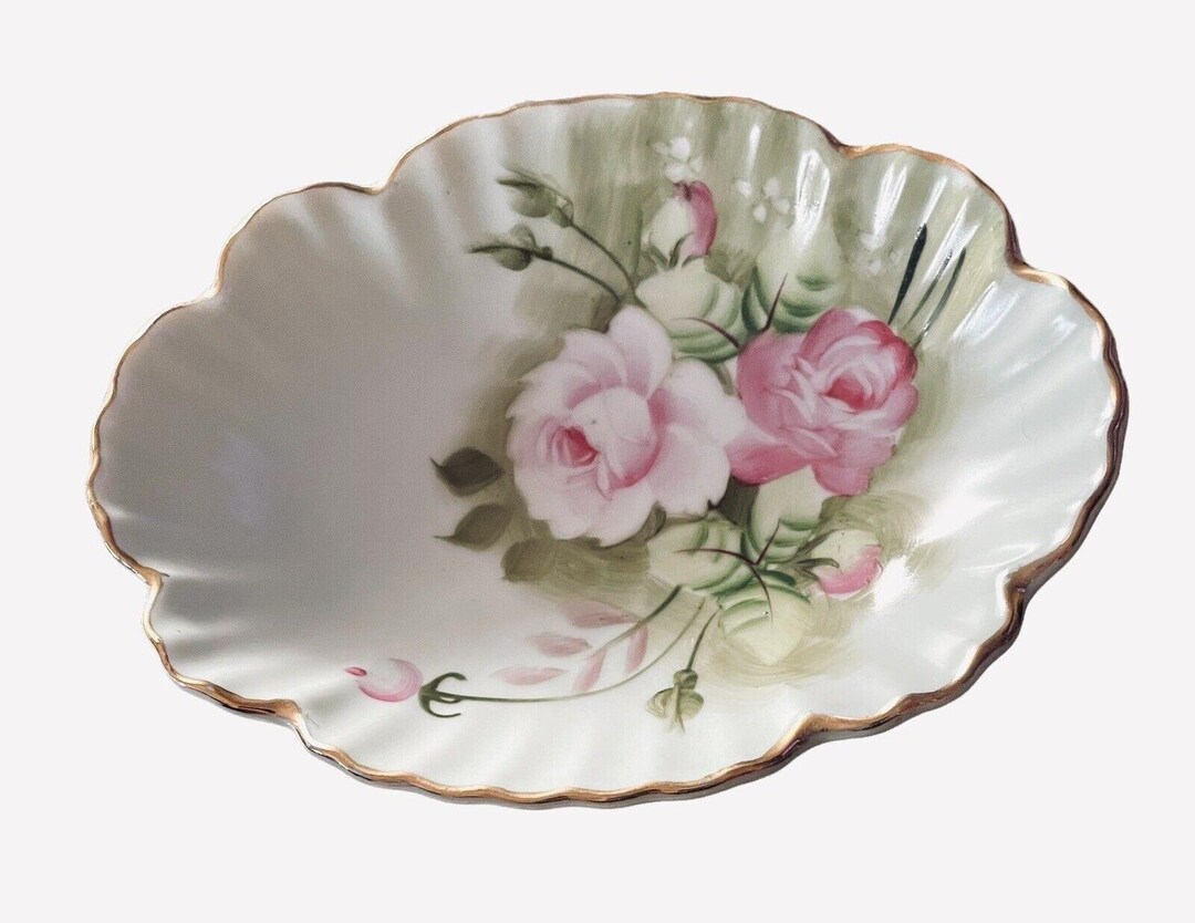 Lefton China Green Heritage Rose Bowl Hand-painted 6.5x5