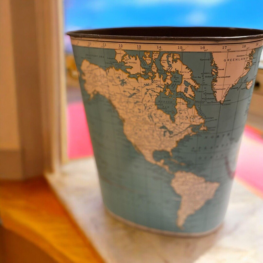 Weibro Metal Trash Can World Map Rand Mcnally Made in USA 1960s 13x11x6 ...