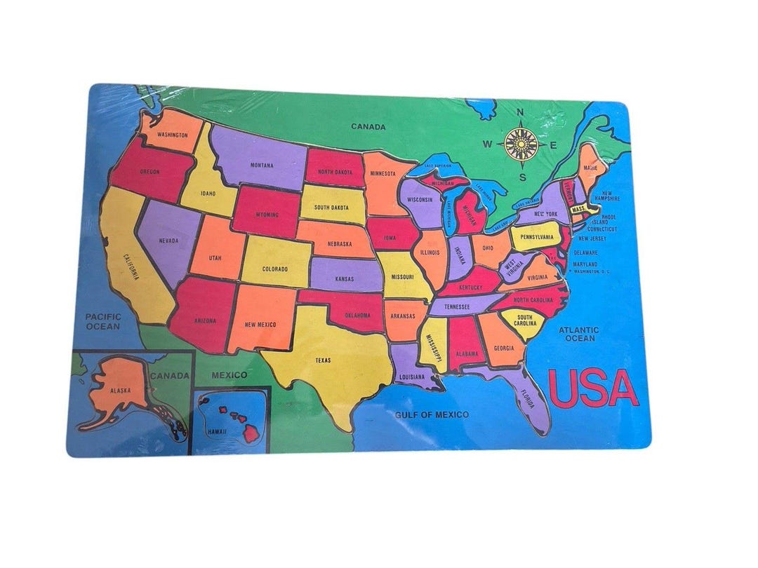 Wood Puzzle United States Map USA With States Capitals Underneath VTG ...
