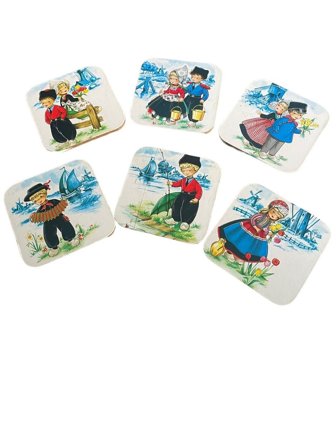Cork Drink Coasters Vintage Dutch Holland Children Boy Girl Windmill ...