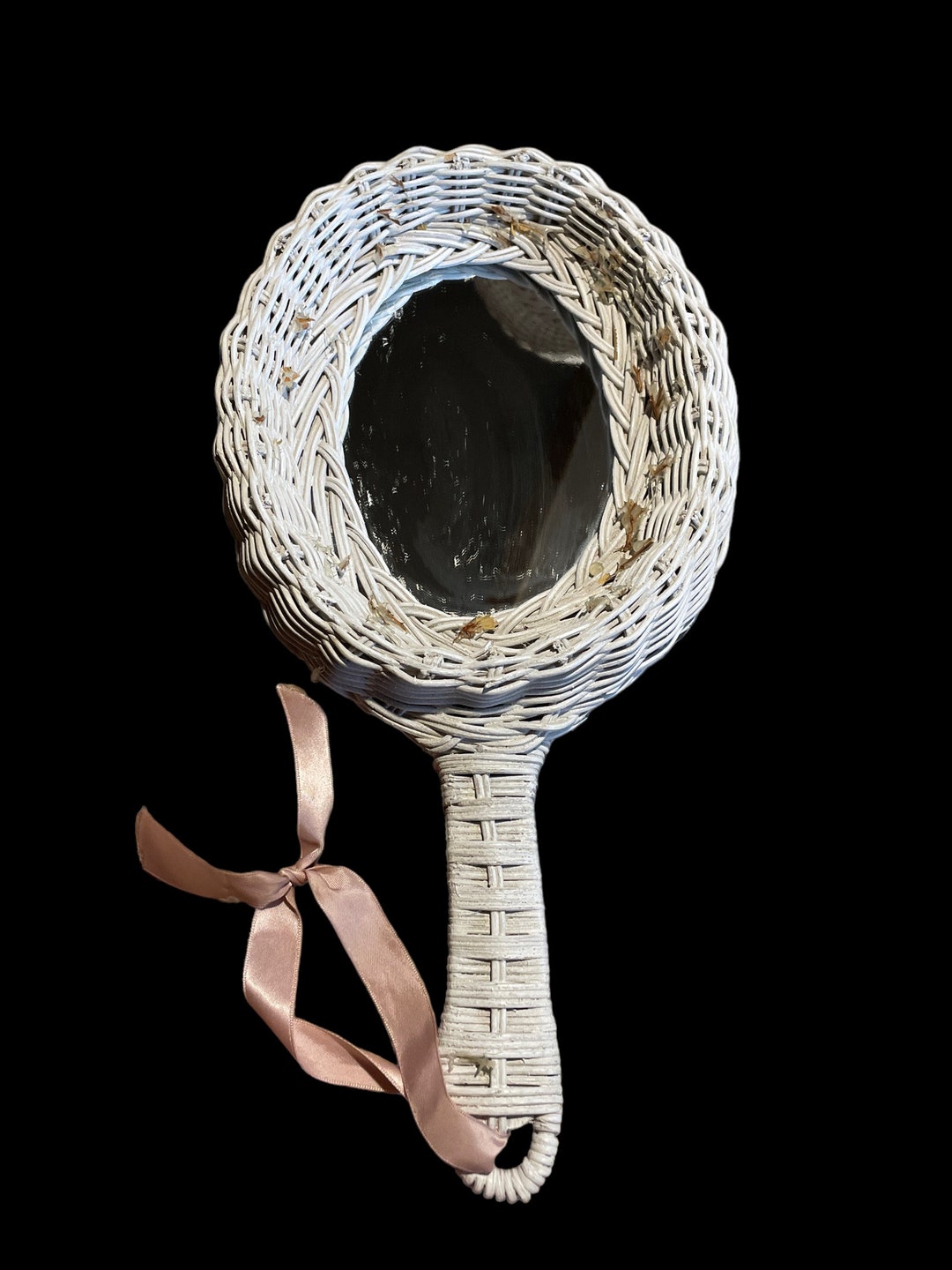 Vintage White Wicker Mirror Handheld With Loop Vanity Cottage Shabby ...