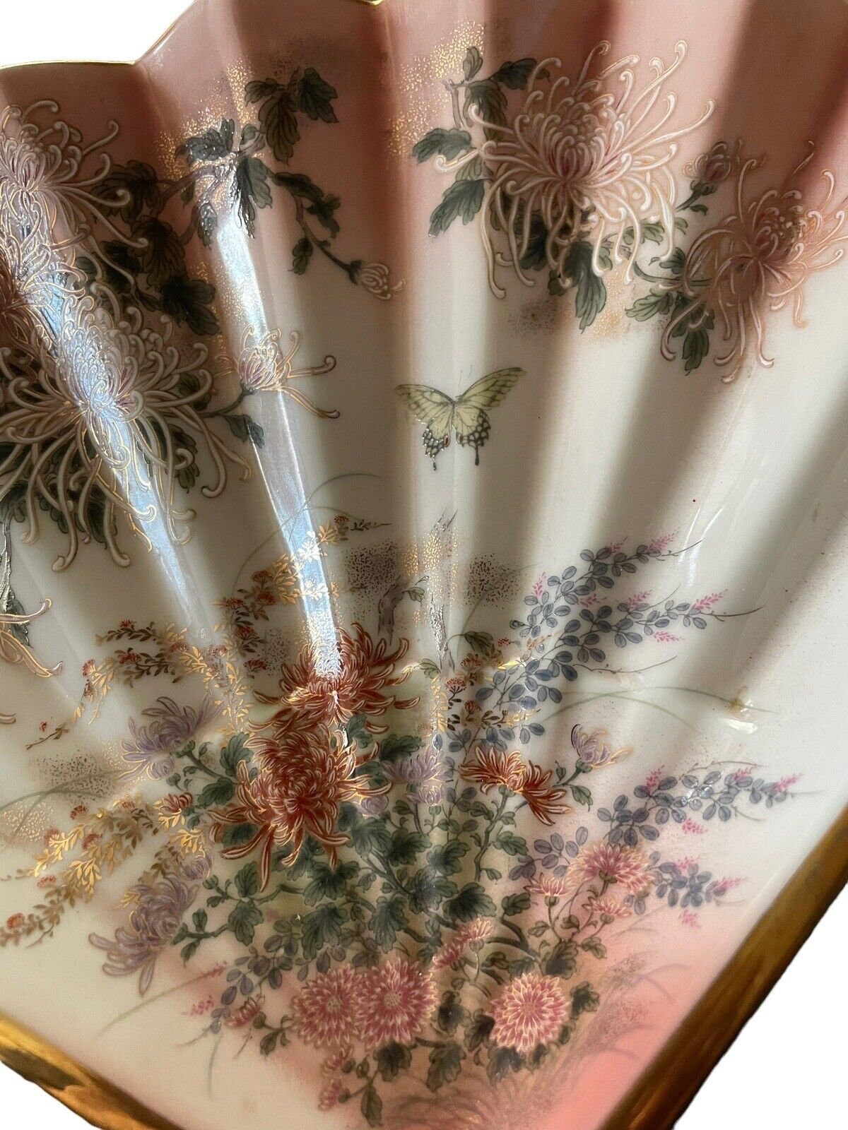 Japanese Porcelain Fan Dish Marked Kyoto Butterflies, Peonies, Gilt ...
