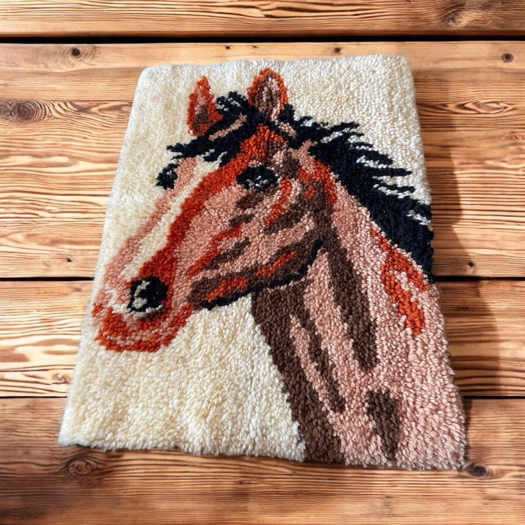 Vtg Latch Hook Horse Rug Wall Hanging Western Decor Farmhouse Completed ...
