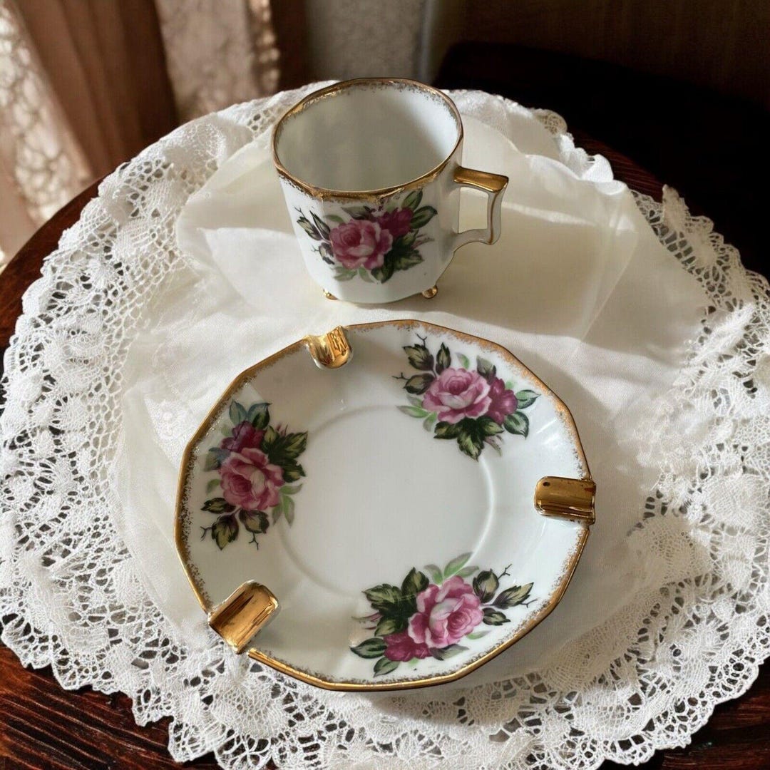 VTG Victoria Bone China Ashtray and Footed Cup Rose Pattern - Etsy