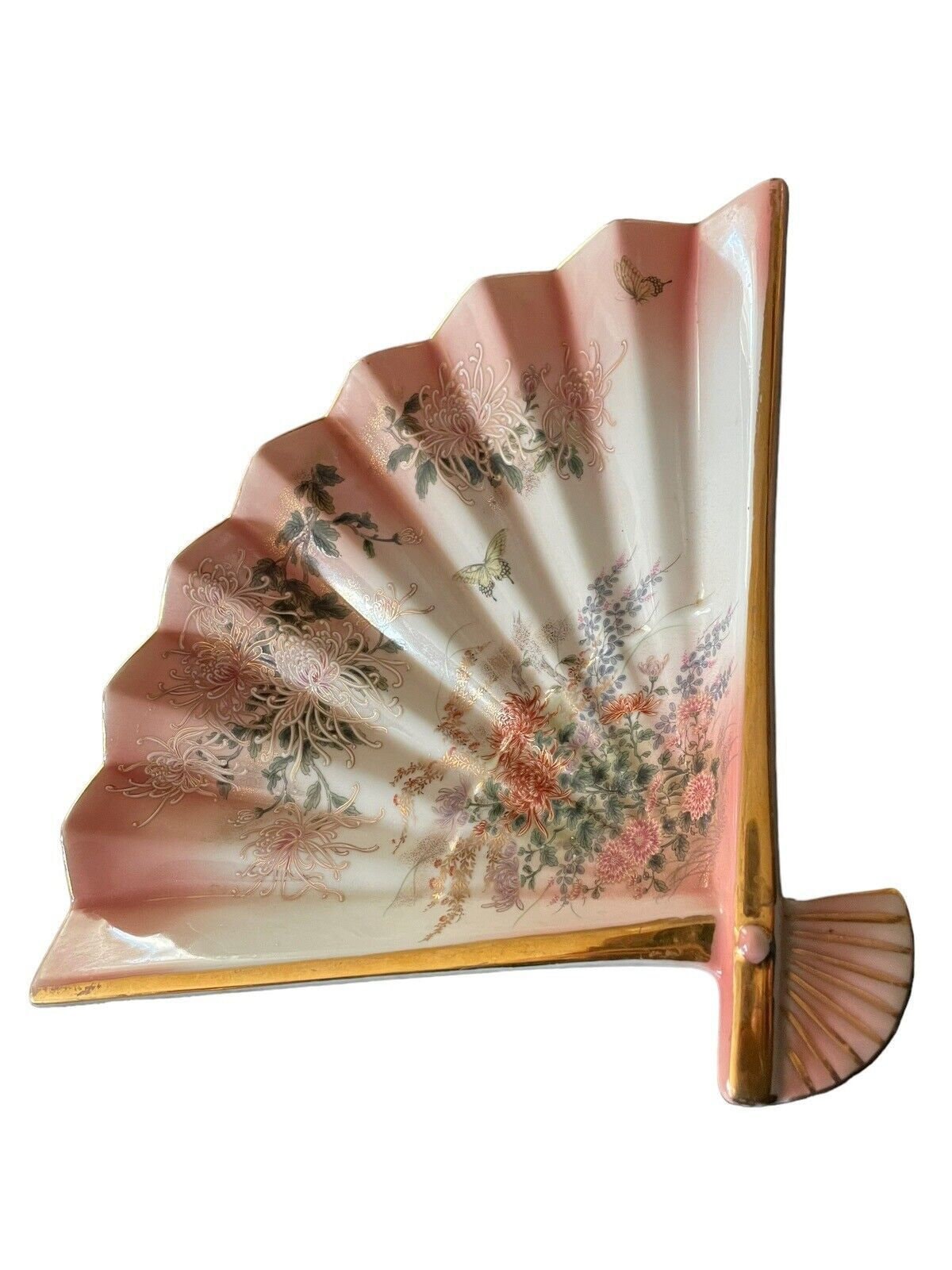 Japanese Porcelain Fan Dish Marked Kyoto Butterflies, Peonies, Gilt ...