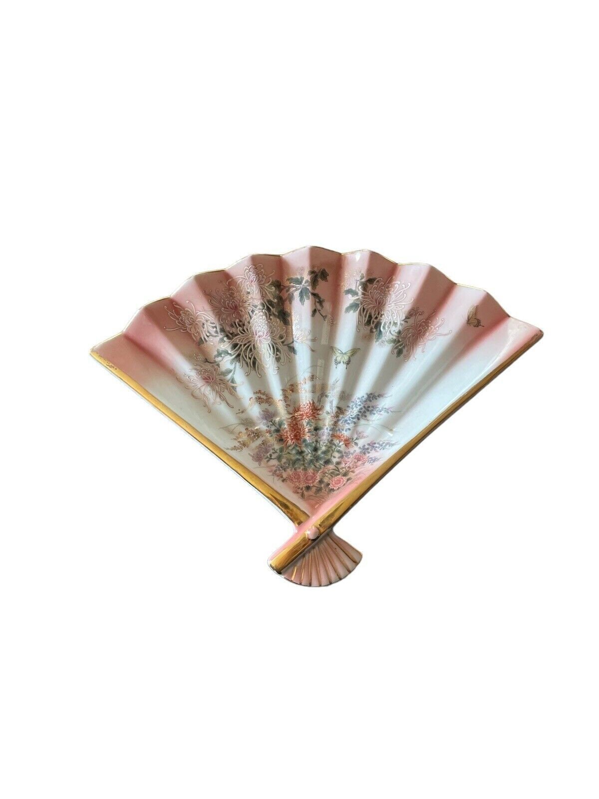 Japanese Porcelain Fan Dish Marked Kyoto Butterflies, Peonies, Gilt ...