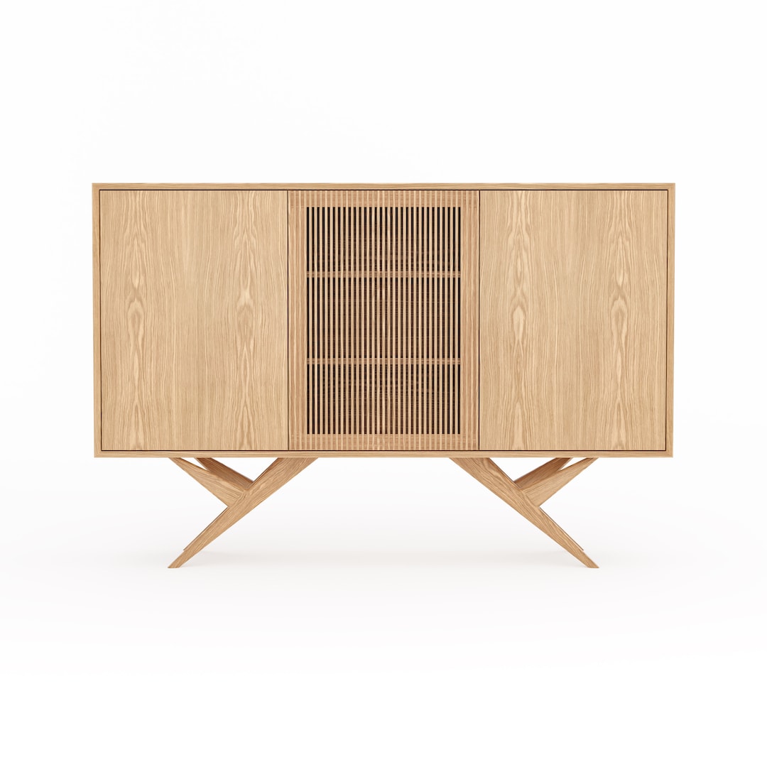 Oak Highboard With Three Slatted Doors and Organic Shape Base in Mid ...