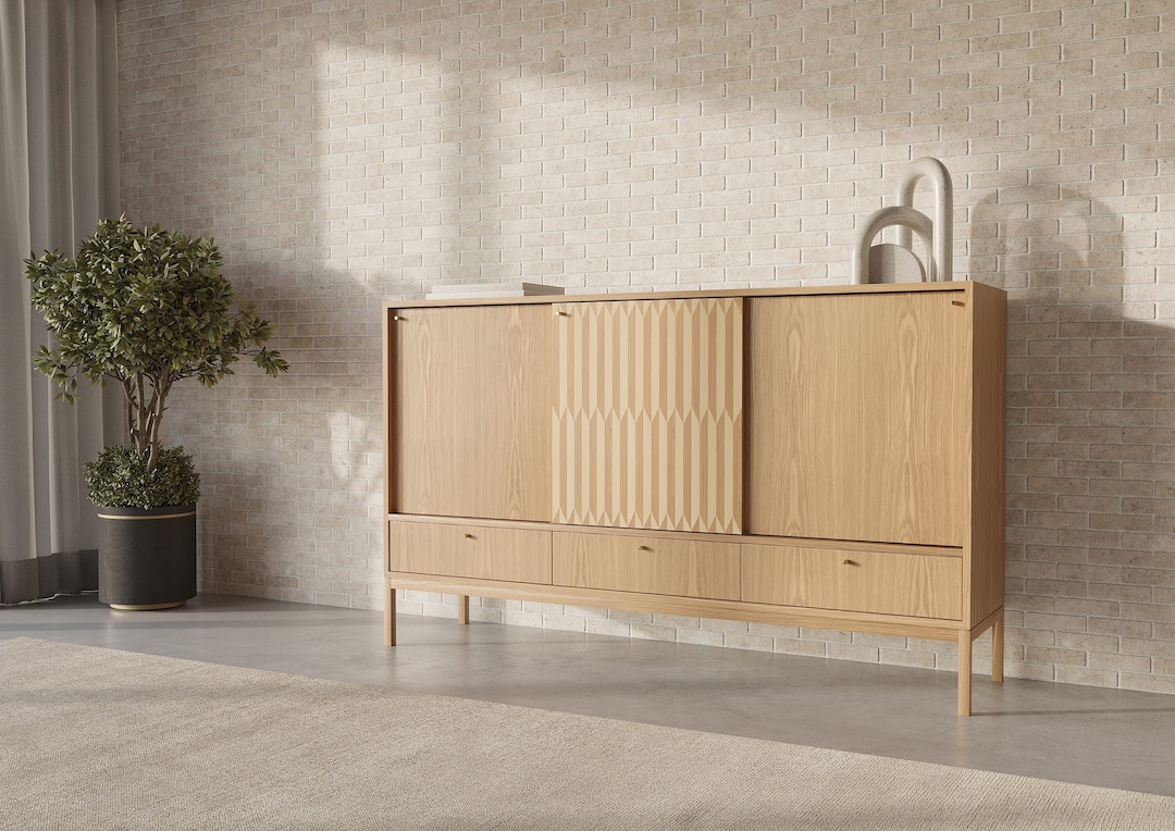 Oak Highboard With Three Inlaid Sliding Doors and Three Drawers in Mid ...