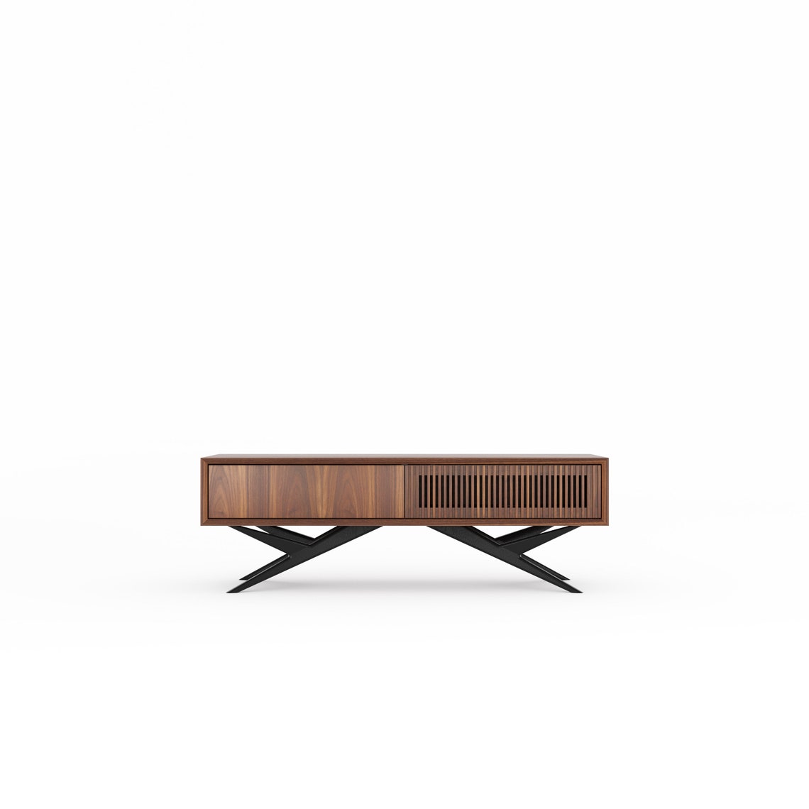 Walnut Small Lowboard, TV Stand With Slatted Door One Drawer and ...