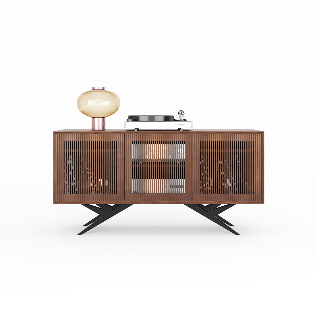 Long Walnut Record Player Stand With Vinyl Storage in Mid Century ...
