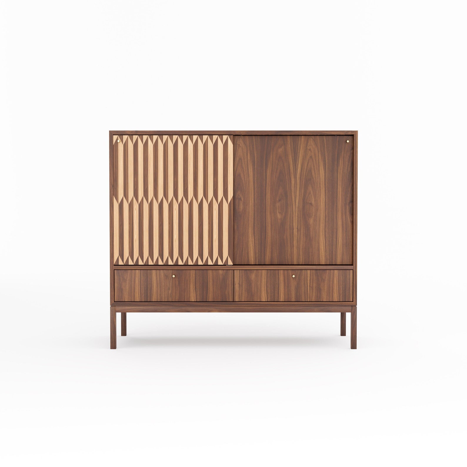 Walnut Highboard With Two Inlaid Sliding Doors and Two Drawers in Mid ...