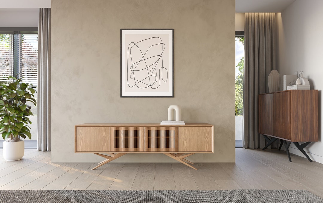 Oak Long Sideboard With Four Slatted Doors and Organic Shape Base in ...