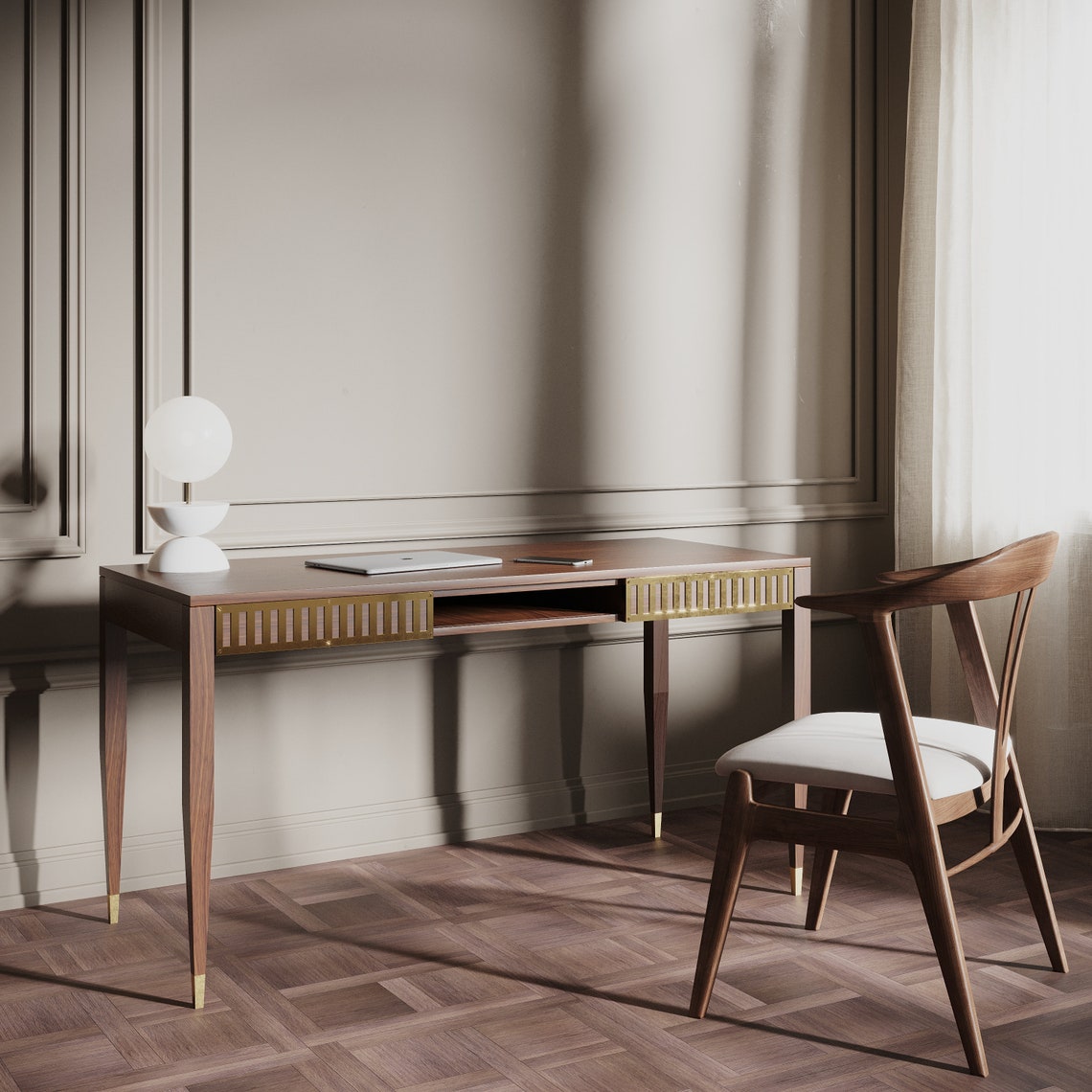 Walnut Office Desk With Two Solid Walnut Drawers and Shelf With Brass ...