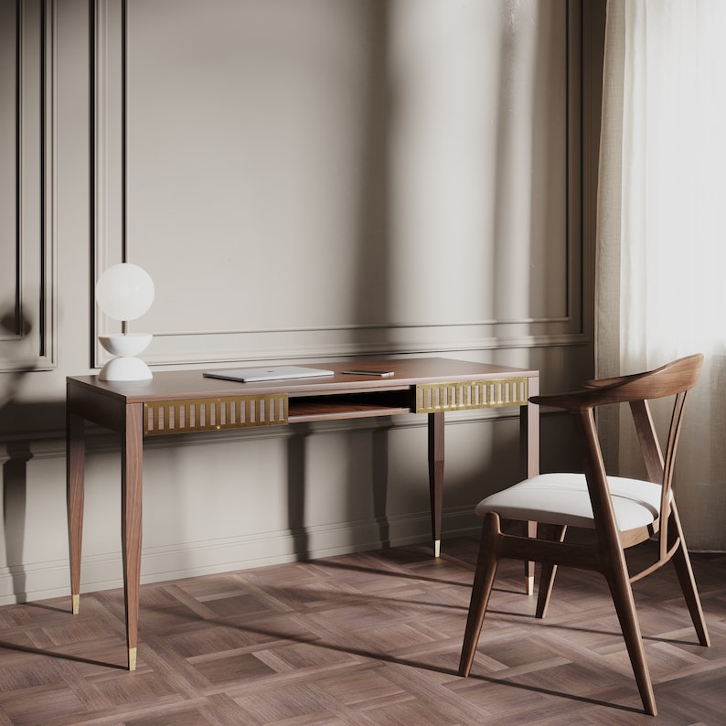 Walnut Office Desk With Two Solid Walnut Drawers and Shelf With Brass ...