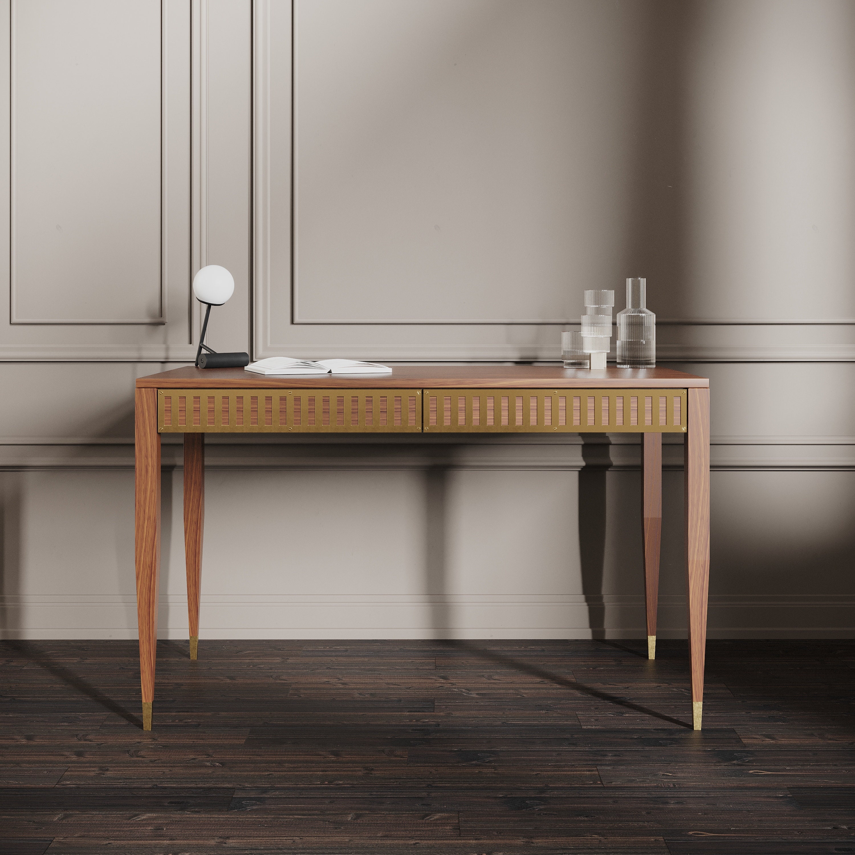 Walnut Office Desk With Two Solid Walnut Drawers With Brass - Etsy