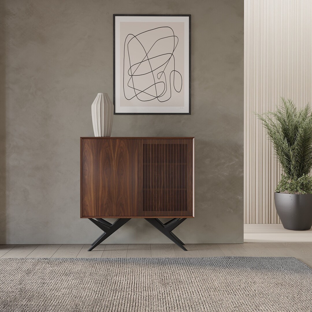 Walnut Highboard With Two Slatted Doors and Organic Shape Base in Mid ...