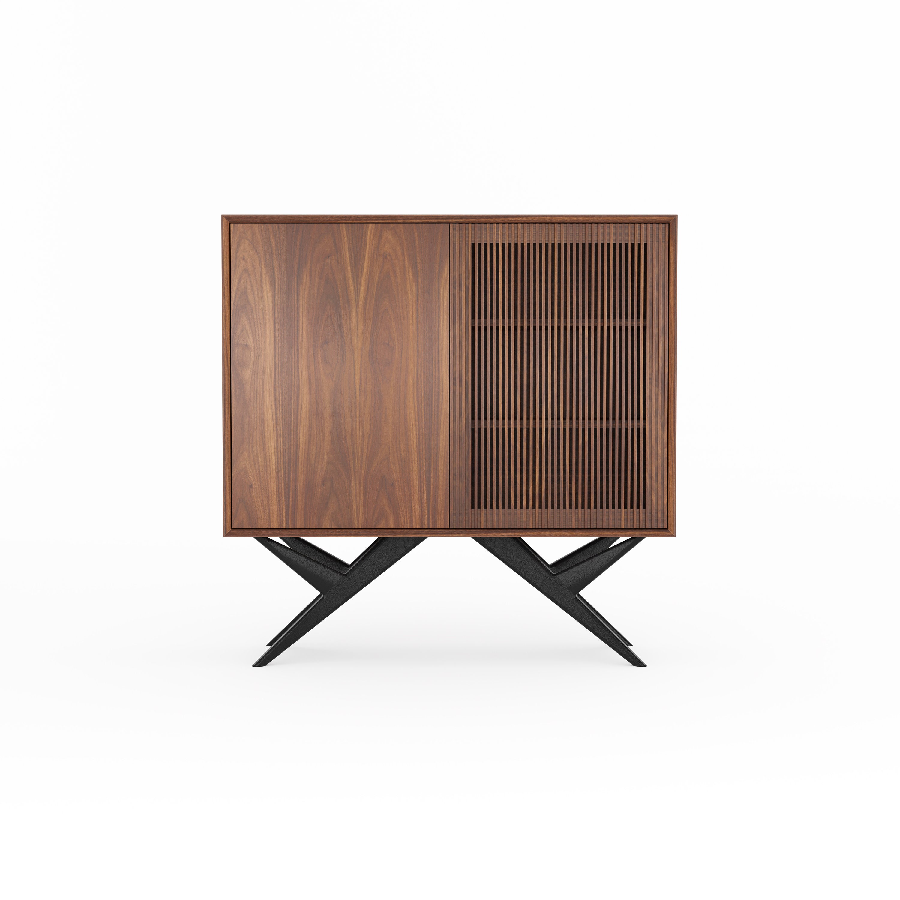 Walnut Highboard With Two Slatted Doors and Organic Shape Base in Mid ...
