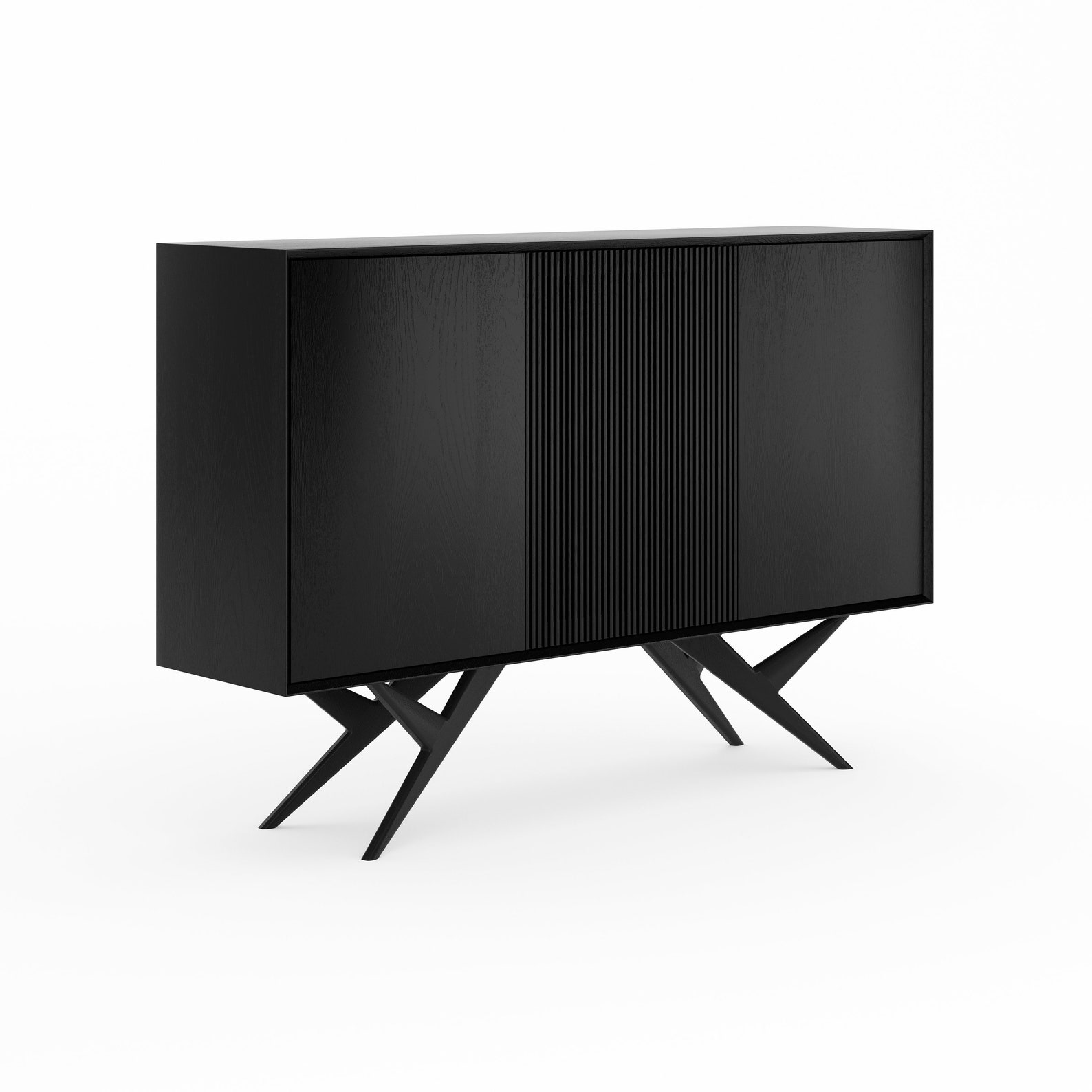 Black Oak Highboard With Three Slatted Doors and Organic Shape Base in ...