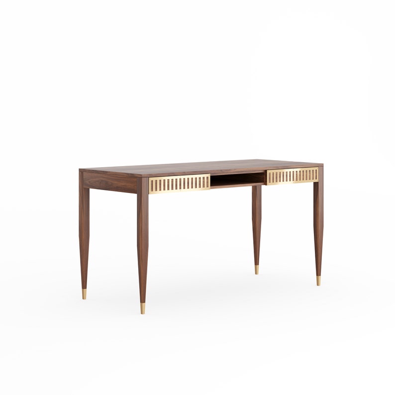 Walnut Office Desk With Two Solid Walnut Drawers and Shelf With Brass ...