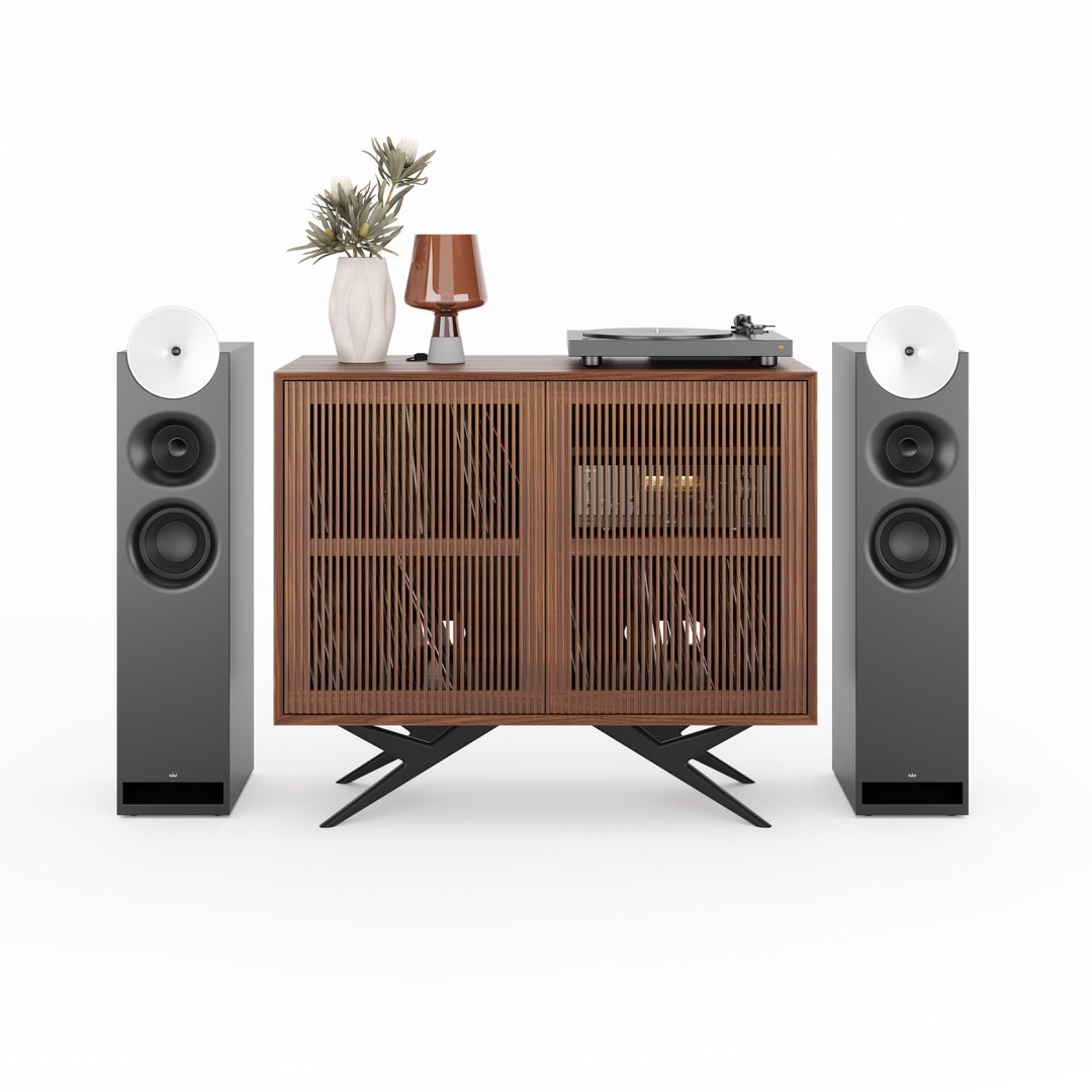 High Walnut Record Player Stand With Vinyl Storage in Mid Century ...