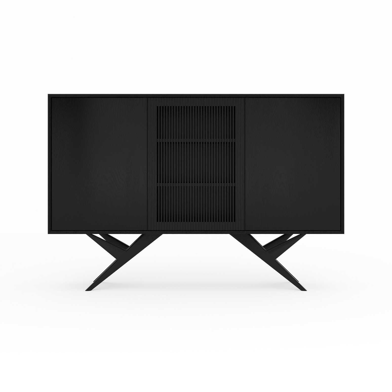 Black Oak Highboard With Three Slatted Doors and Organic Shape Base in ...