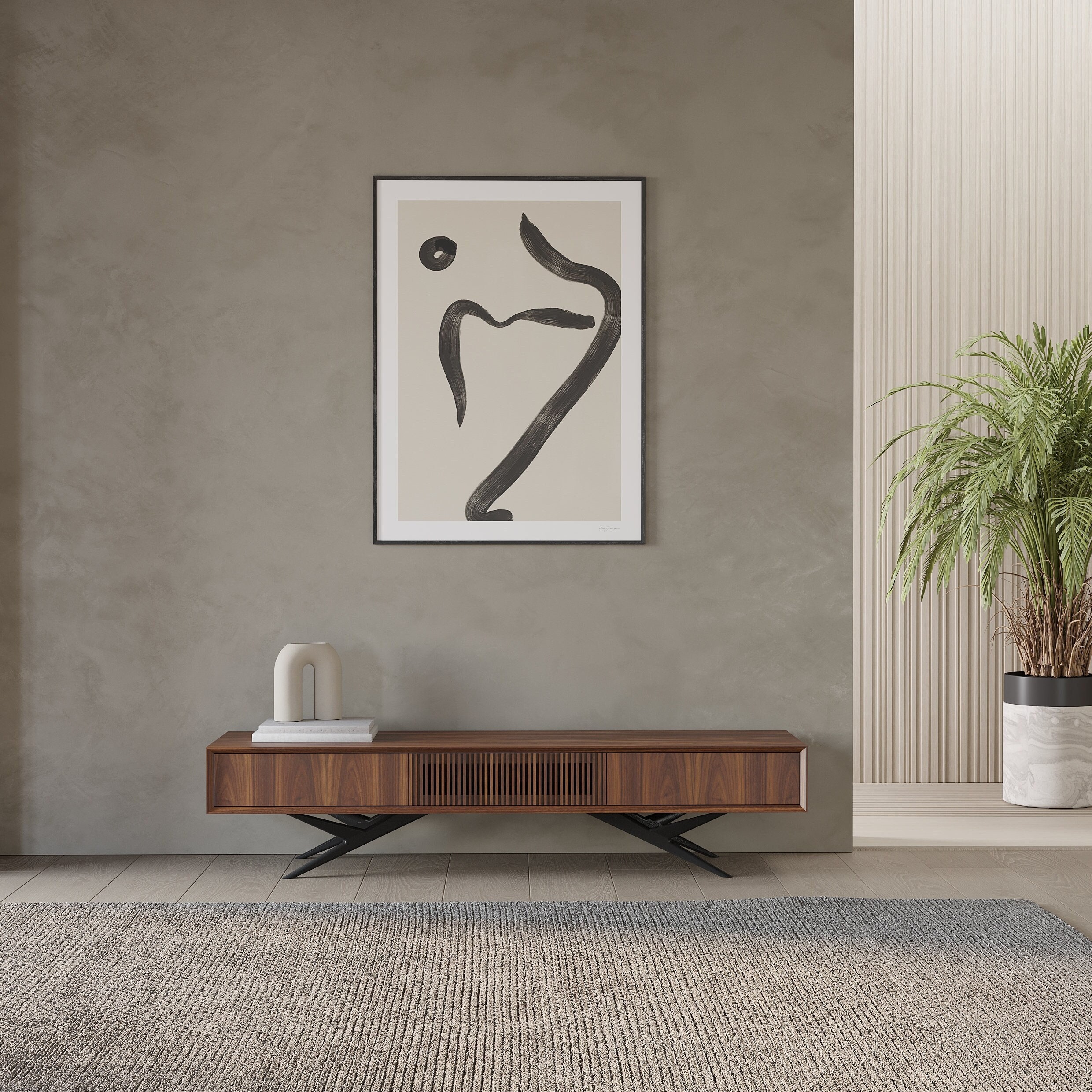 Walnut TV Stand, Mid Century Modern Media Console, Slatted Door - Etsy