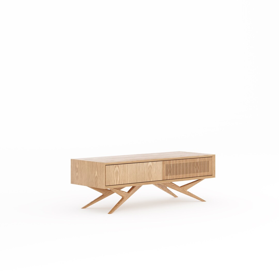 Oak Small Lowboard, TV Stand With Slatted Door One Drawer and Organic ...