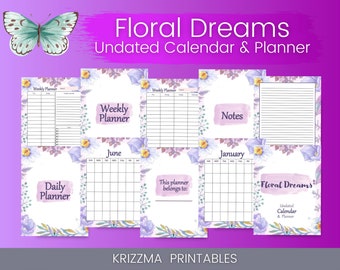 Undated Calendar/planner Blue Hearts, Digital Calendar, Undated ...