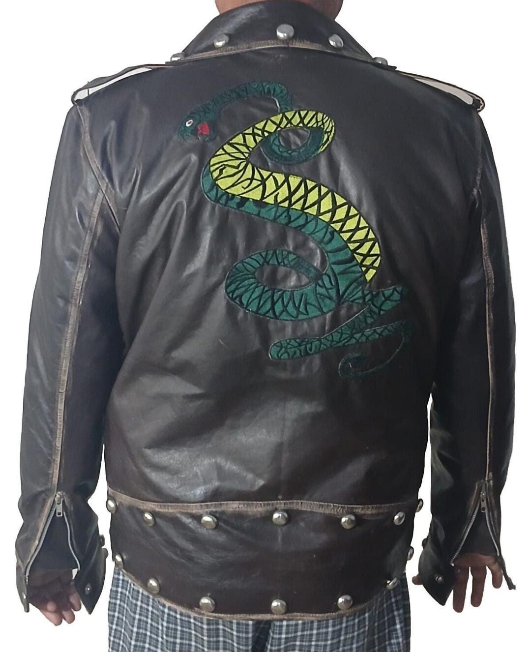 Men's Brown Tunnel Snake Rule Cafe Racer Real Leather Jacket Handmade ...