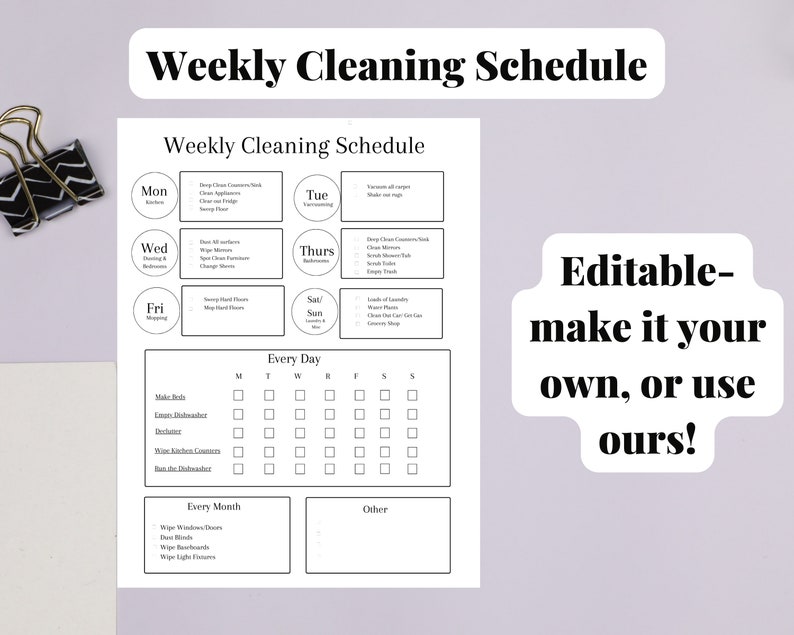 Editable Weekly Cleaning Schedule - Etsy