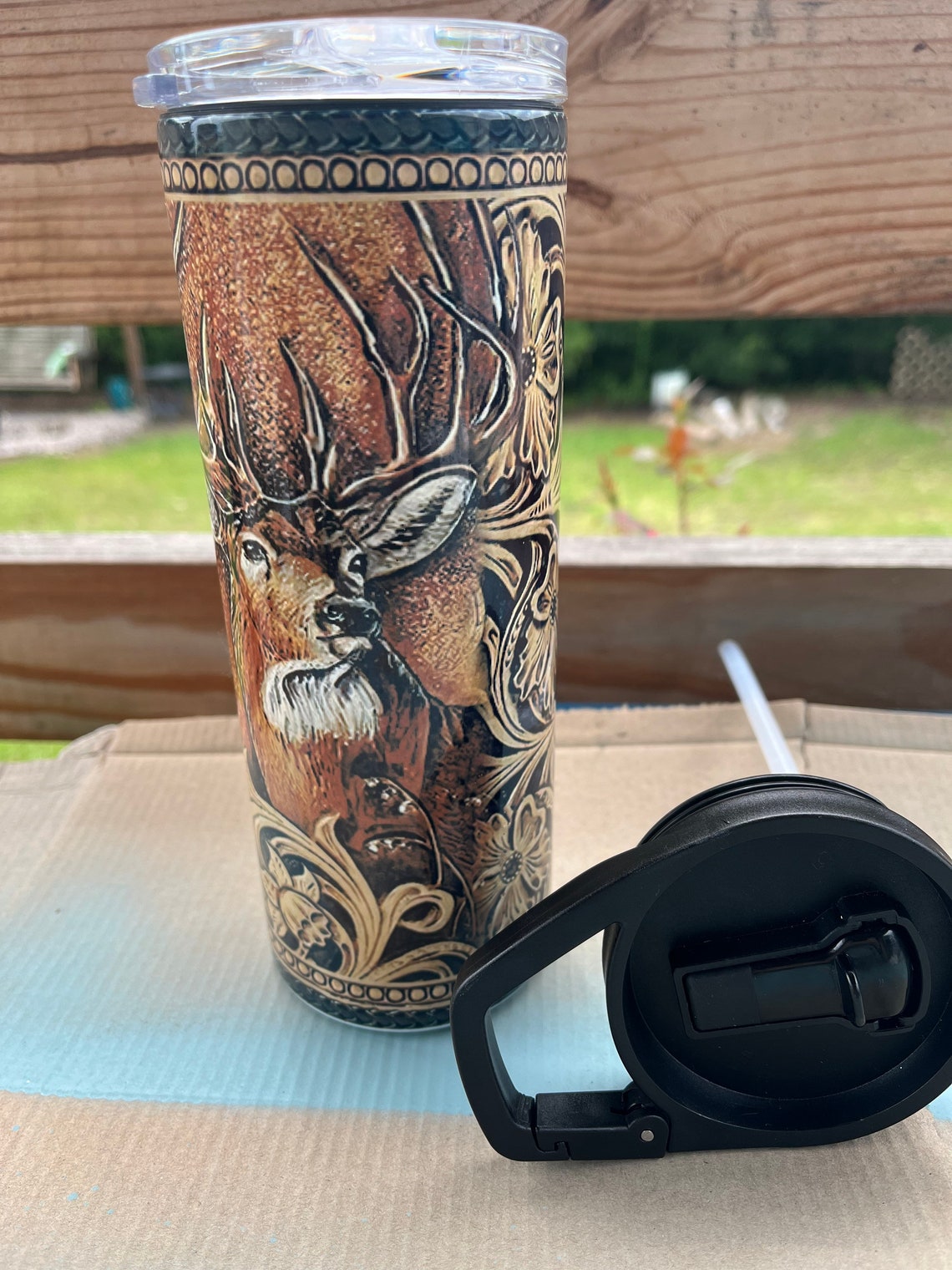 25oz Duo Top Brown Leather Deer Design/buck Tumbler/deer - Etsy