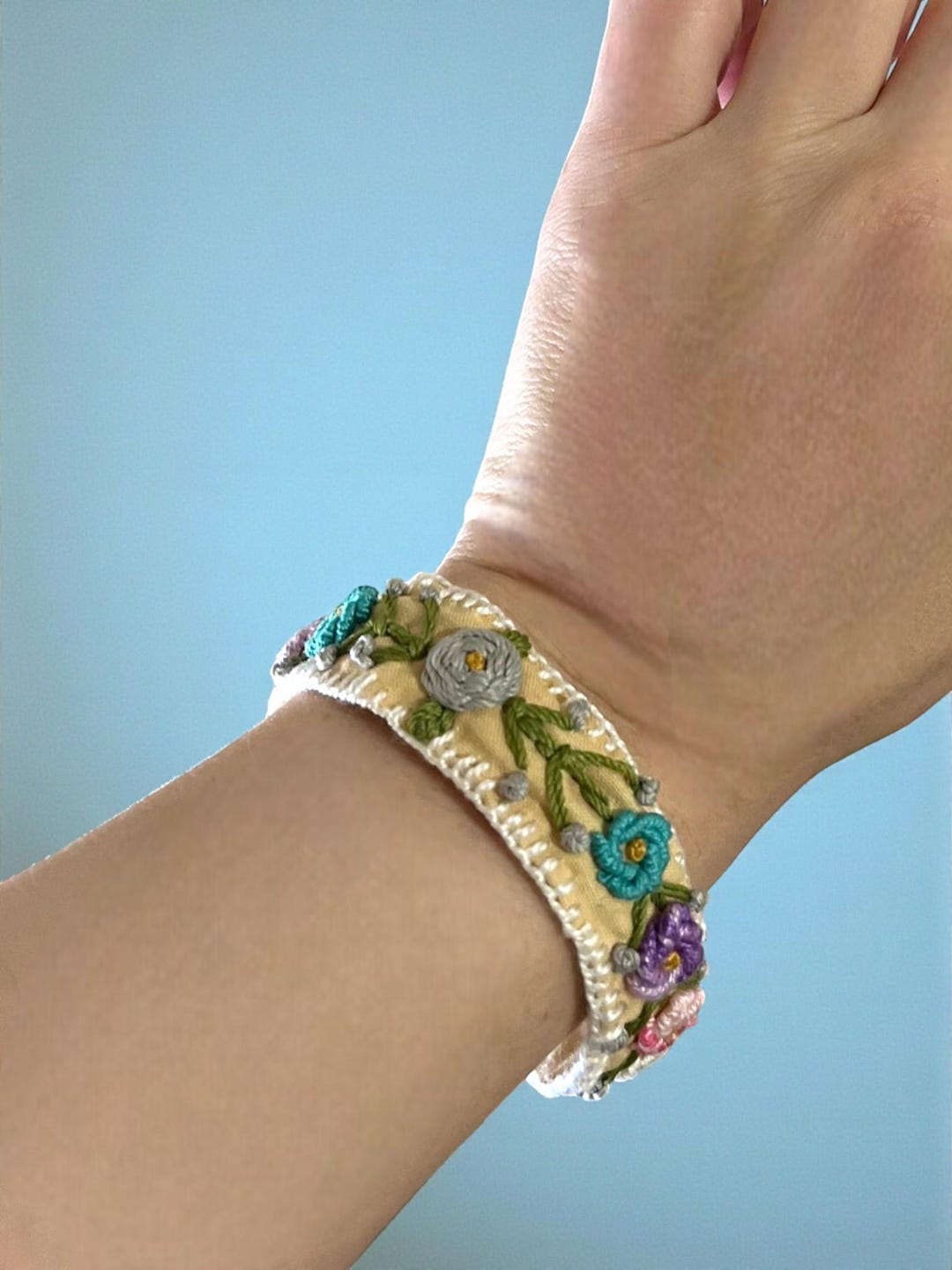 Handmade Embroidered Cuff Bracelet, White Fabric Rose Jewelry, Boho ...