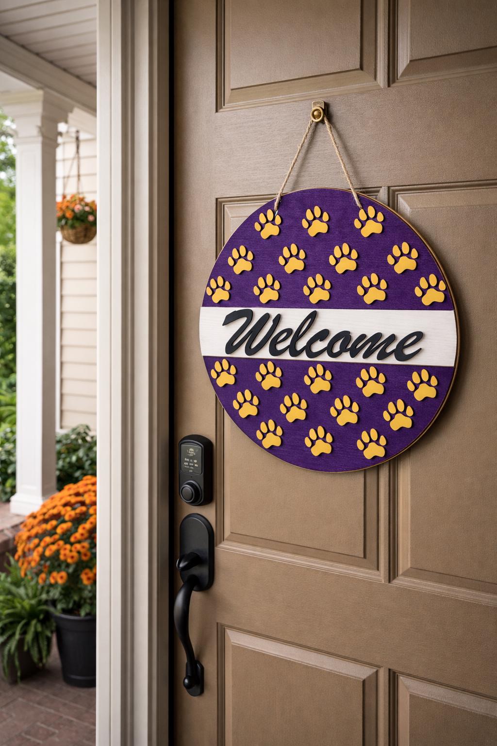 LSU Paw Print Welcome Sign SVG | Layered Round Door Hanger Laser File ...