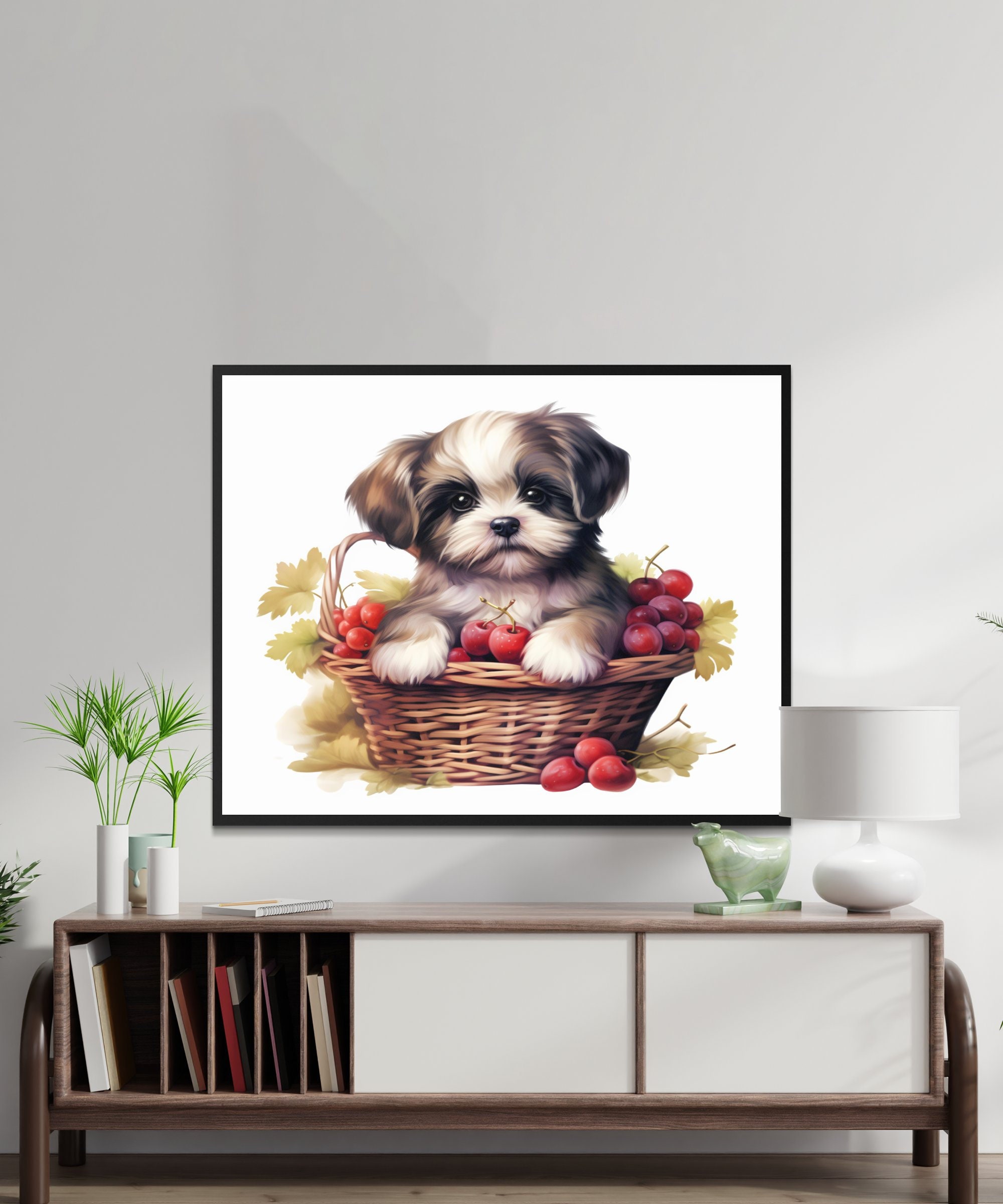 Cute Puppy in Basket Digital Wall Art, Adorable Dog With Fruits Artwork ...