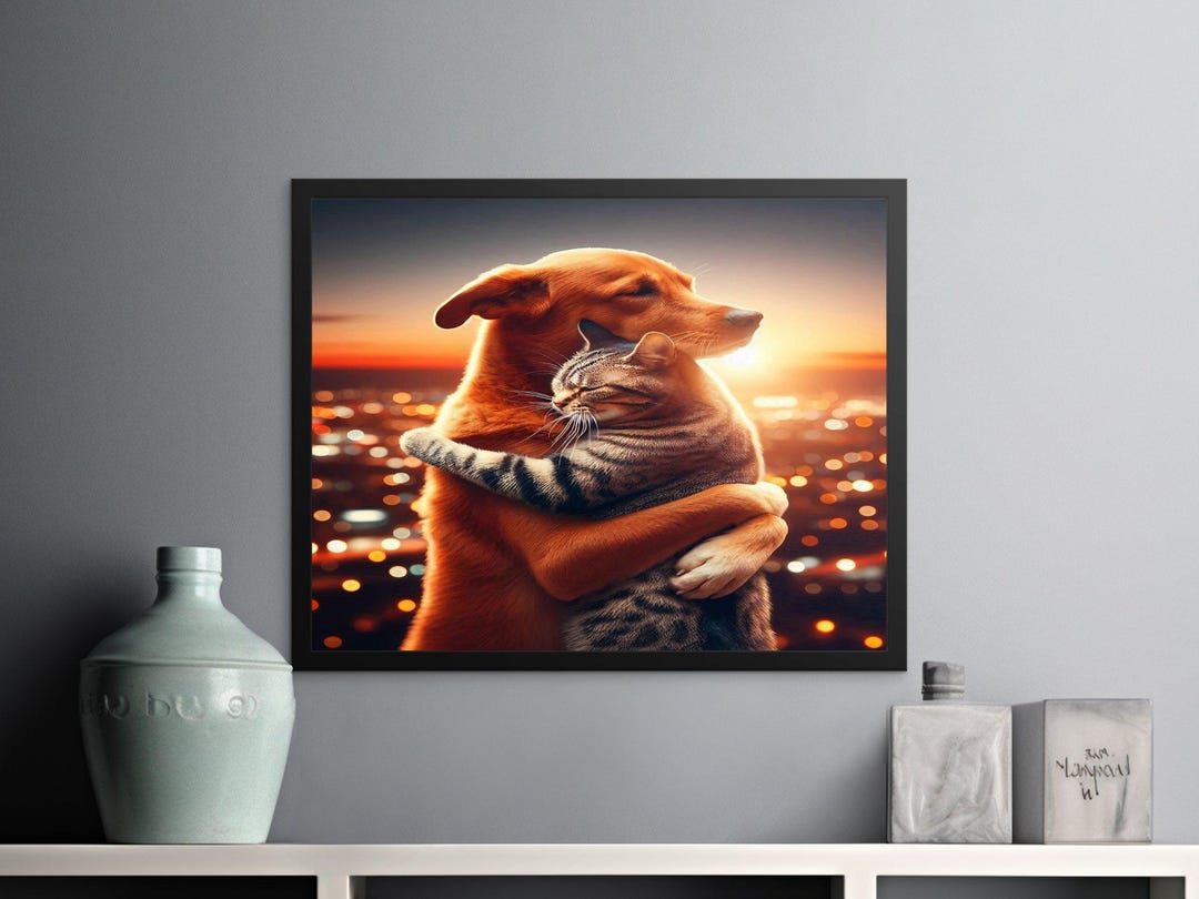 Cute Dog and Cat Hug Digital Download Wall Art, Pet Hug Sunset Scene ...