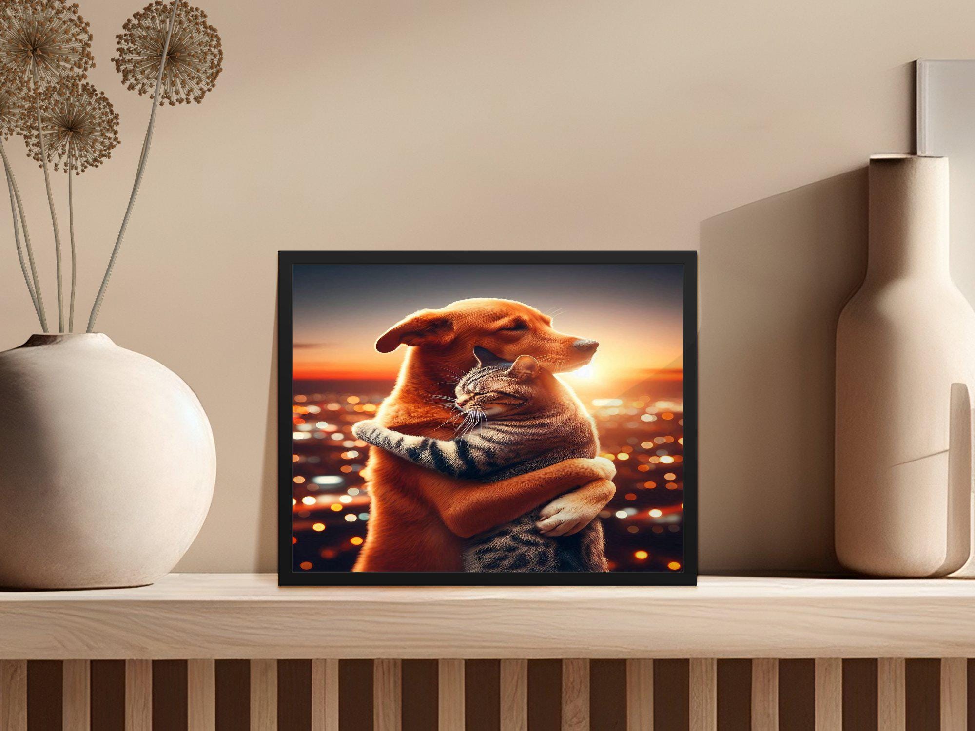 Cute Dog and Cat Hug Digital Download Wall Art, Pet Hug Sunset Scene ...