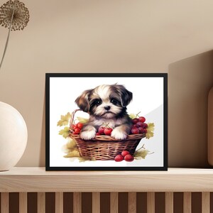 Cute Puppy in Basket Digital Wall Art, Adorable Dog With Fruits Artwork ...