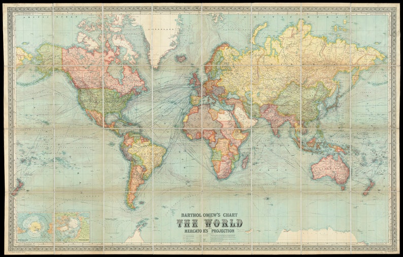 Digital Vintage Map - Bartholomew's Chart of the World on Mercator's ...