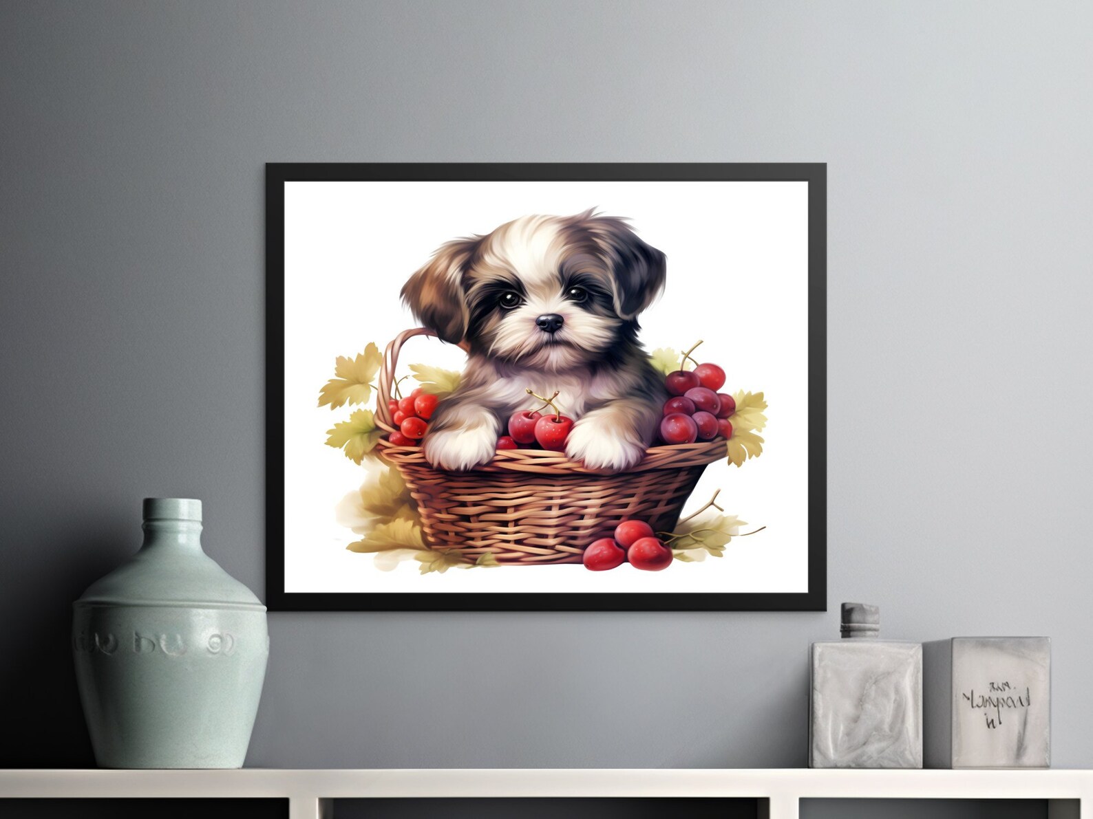 Cute Puppy in Basket Digital Wall Art, Adorable Dog With Fruits Artwork ...