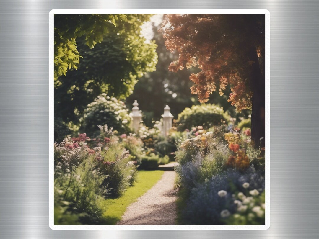 Serene Garden Path Sticker, Scenic Botanical Garden Artwork, Sunlit ...