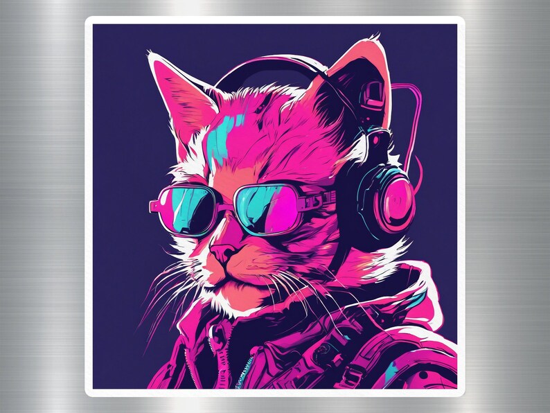 Retro Synthwave Cat Sticker, Cool Cat With Headphones, Neon Color Cat ...