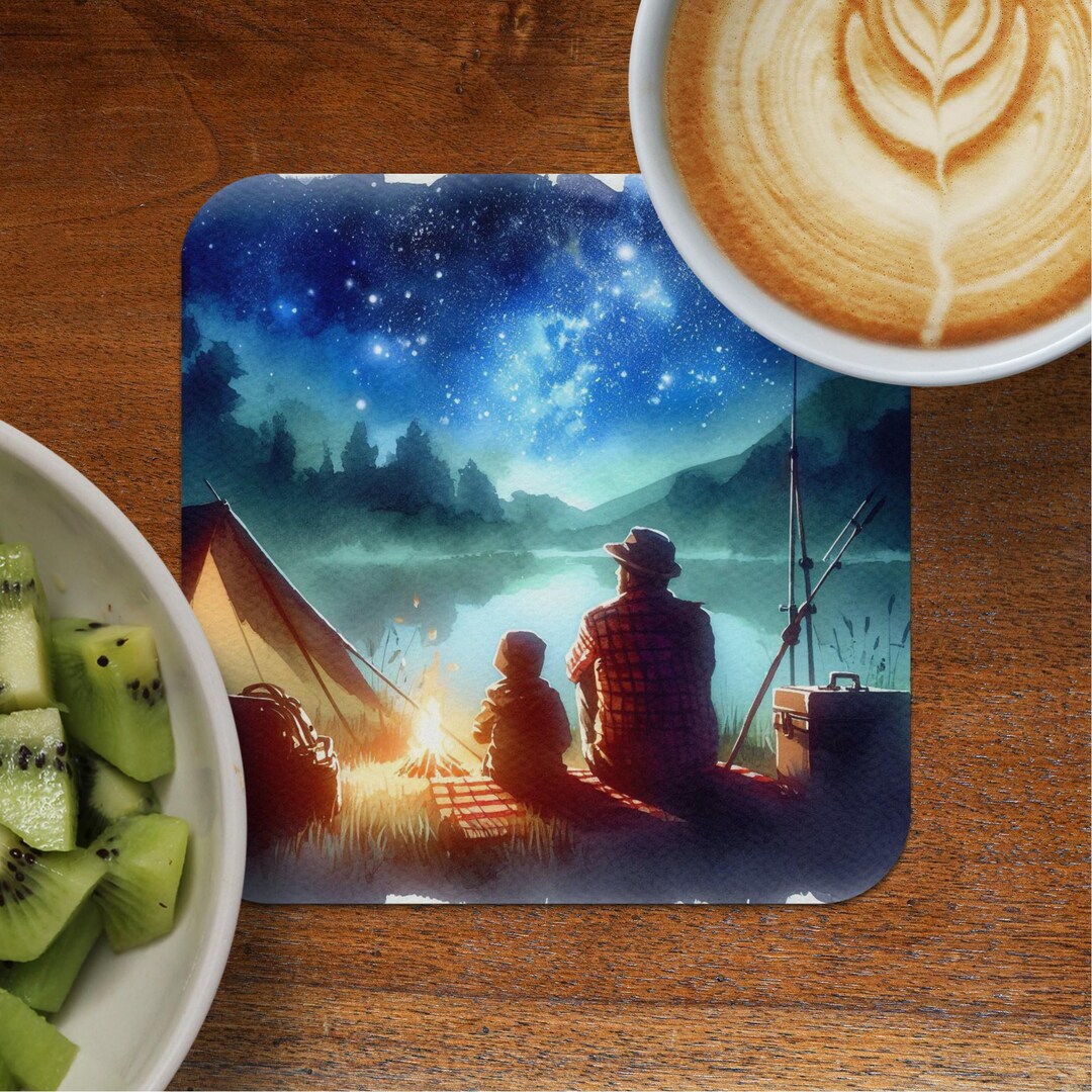 Starry Night Father Child Camping Coasters, Campfire Fishing Outdoor ...