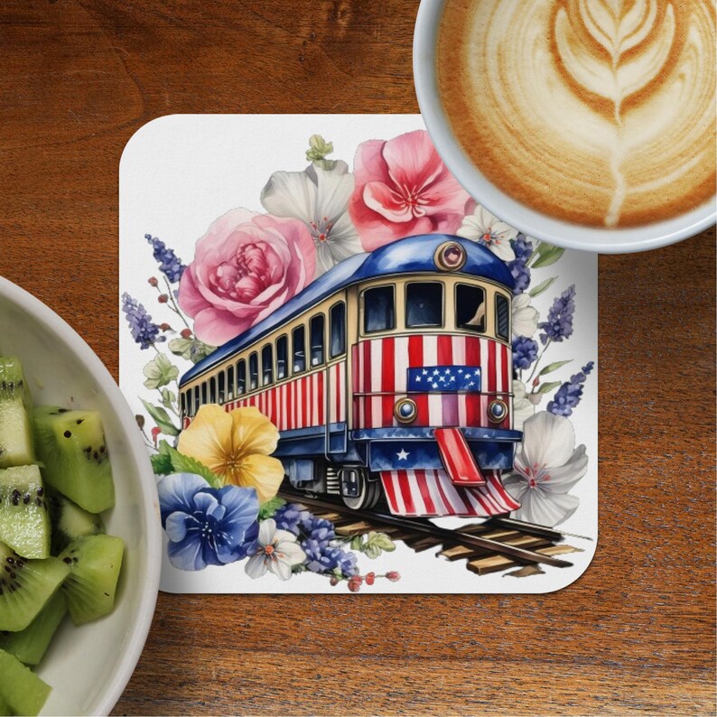 Vintage Train Floral Coaster, Patriotic Train and Flowers Hardboard ...