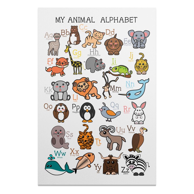 Cute Animal Alphabet Poster for Kids Room Decor, Educational Wall Art ...