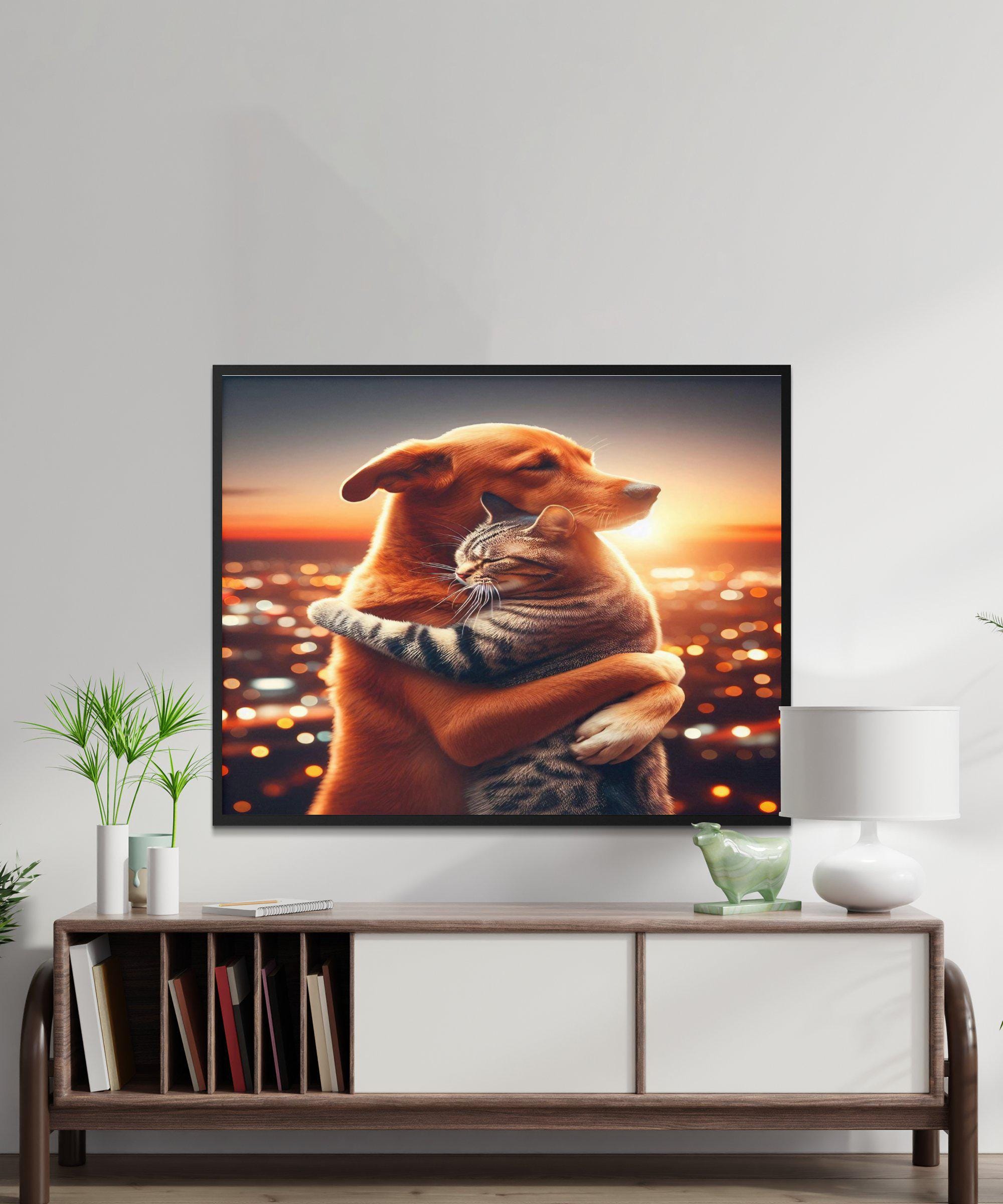 Cute Dog and Cat Hug Digital Download Wall Art, Pet Hug Sunset Scene ...